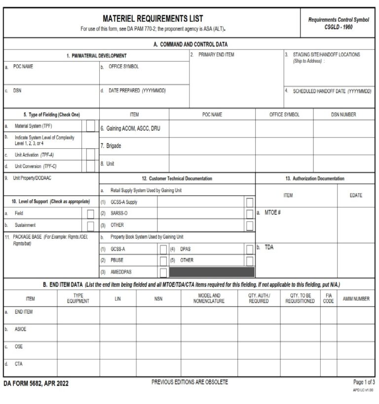 DA Form 5682 - Materiel Requirements List | Free Online Forms