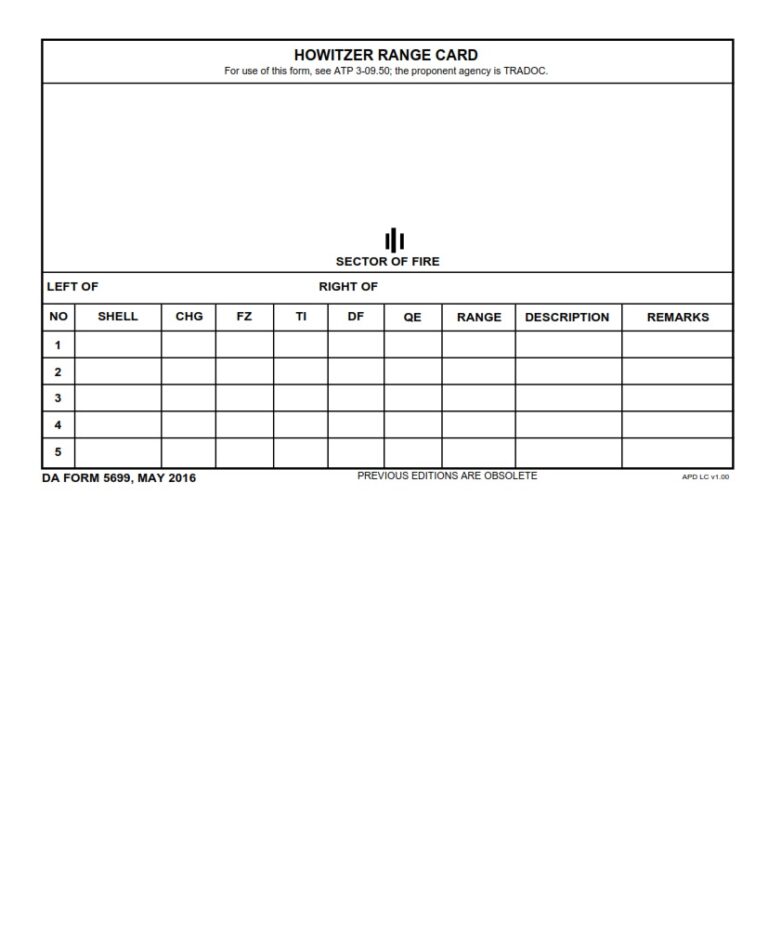 DA Form 5699 - Howitzer Range Card | Free Online Forms