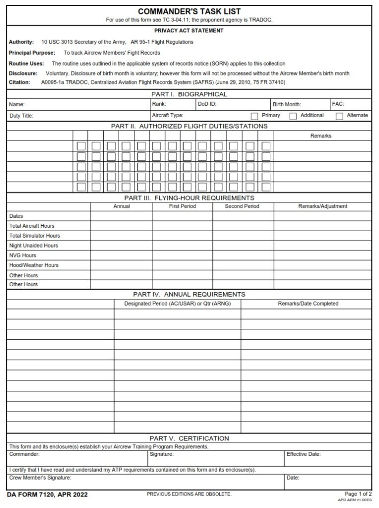 DA Form 7120 - Commander's Task List | Free Online Forms