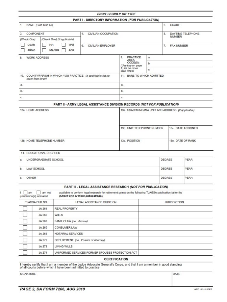DA Form 7206 - Page 2 | Free Online Forms