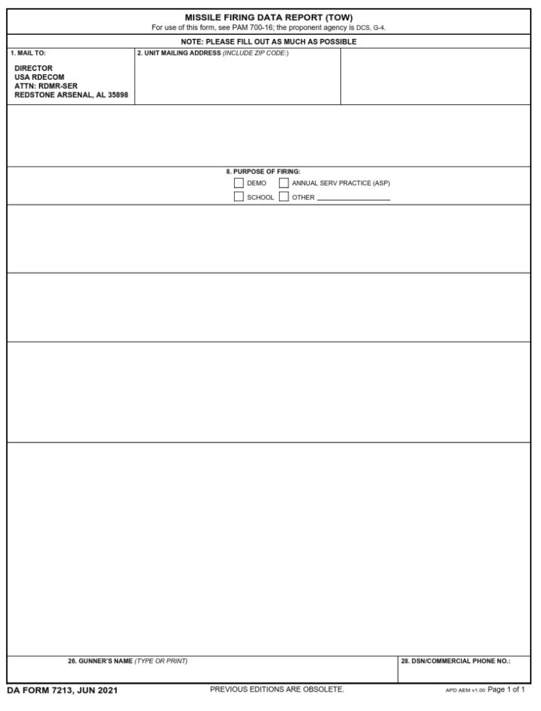 DA Form 7213 - Missile Firing Data Report (Tow) | Free Online Forms