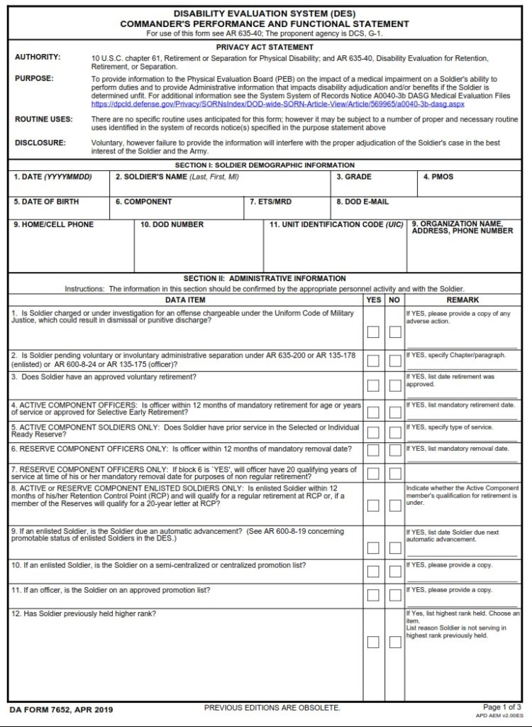DA Form 7652 - Disability Evaluation System (DES) Commander's ...