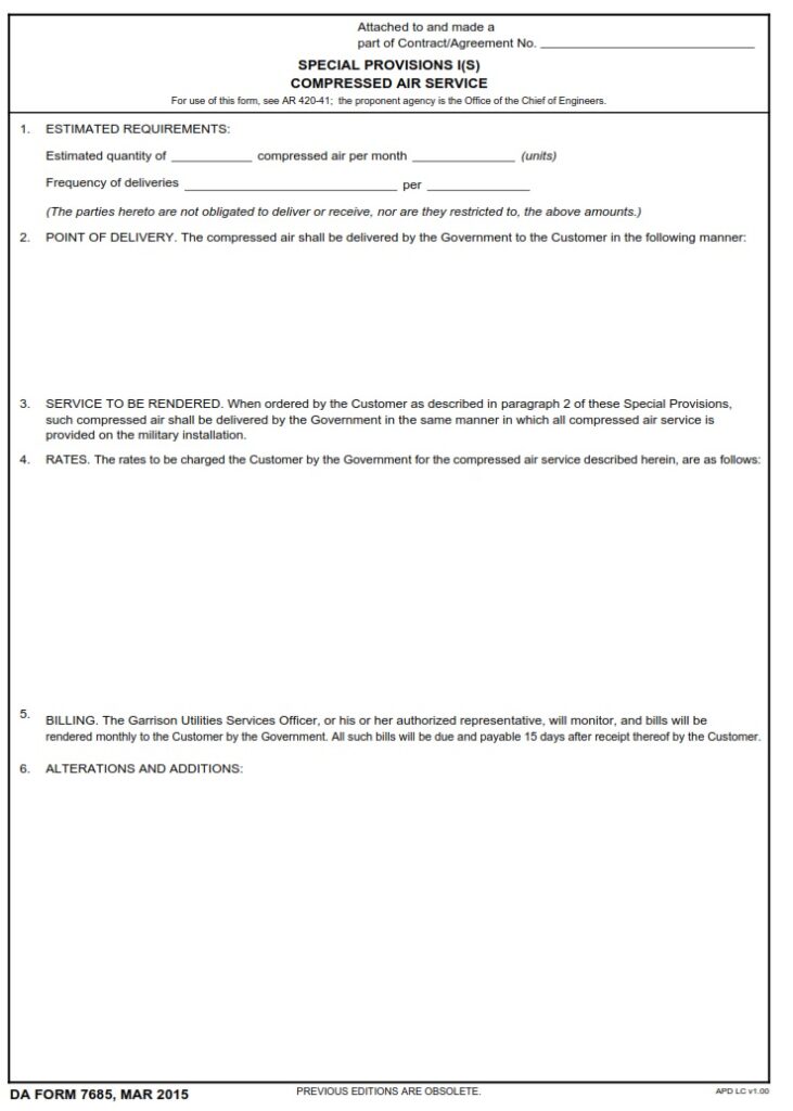DA Form 7685 - Special Provisions I(S) Compressed Air Service | Free ...