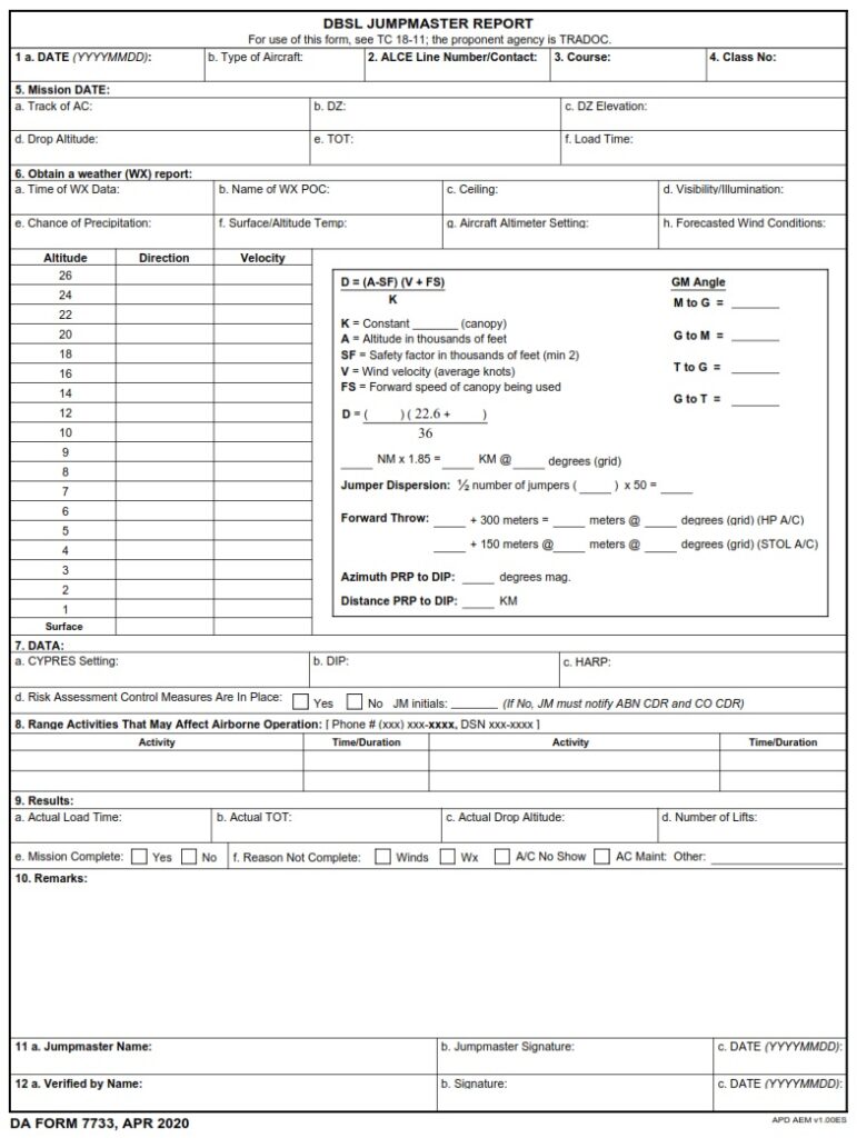DA Form 7733 - DBSL Jumpmaster Report | Free Online Forms