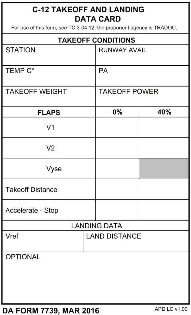 DA Form 7739 - C-12 Takeoff And Landing Data Card | Free Online Forms