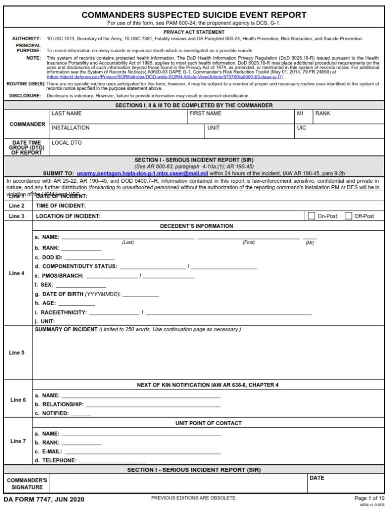 DA Form 7747 - Commanders Suspected Suicide Event Report | Free Online ...
