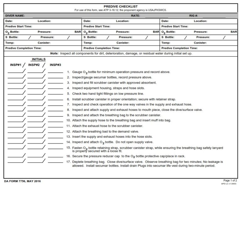 DA Form 7756 - Pre-Dive Checklist | Free Online Forms