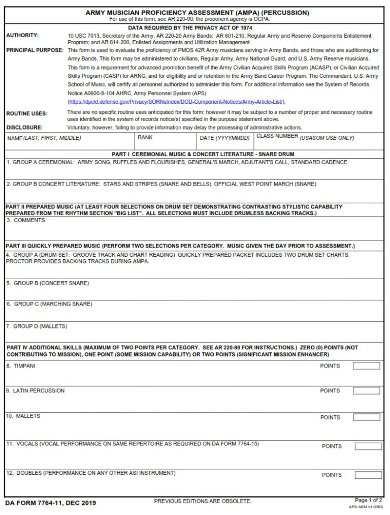 DA Form 7764-11 - Army Musician Proficiency Assessment (AMPA) (Percussion) | Free Online Forms