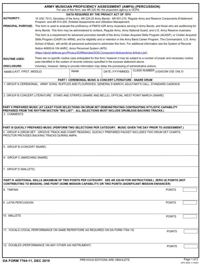 DA Form 7764-11 - Army Musician Proficiency Assessment (AMPA ...