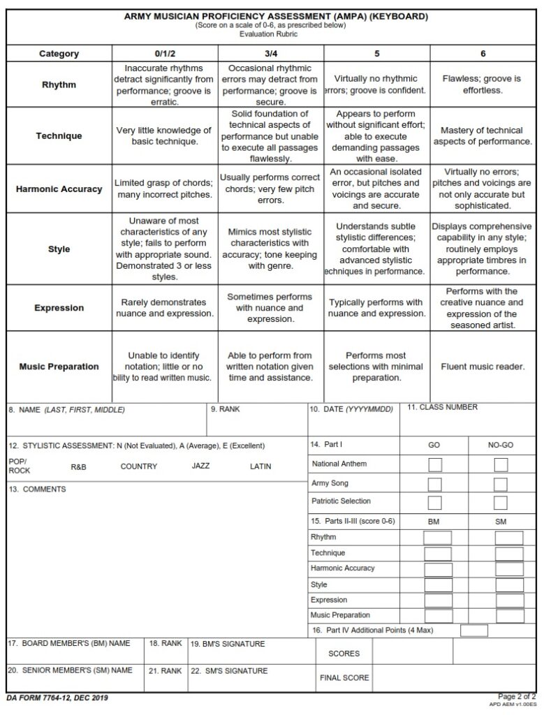DA Form 7764-12 - Army Musician Proficiency Assessment (AMPA) (Keyboard ...
