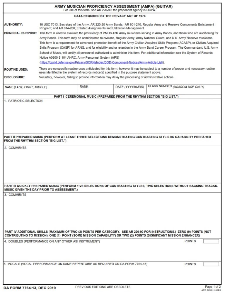 DA Form 7764-13 - Army Musician Proficiency Assessment (AMPA) (Guitar ...