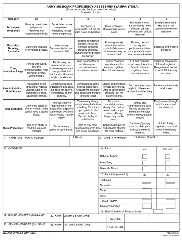 DA Form 7764-5 - Army Musician Proficiency Assessment (AMPA) (Tuba ...