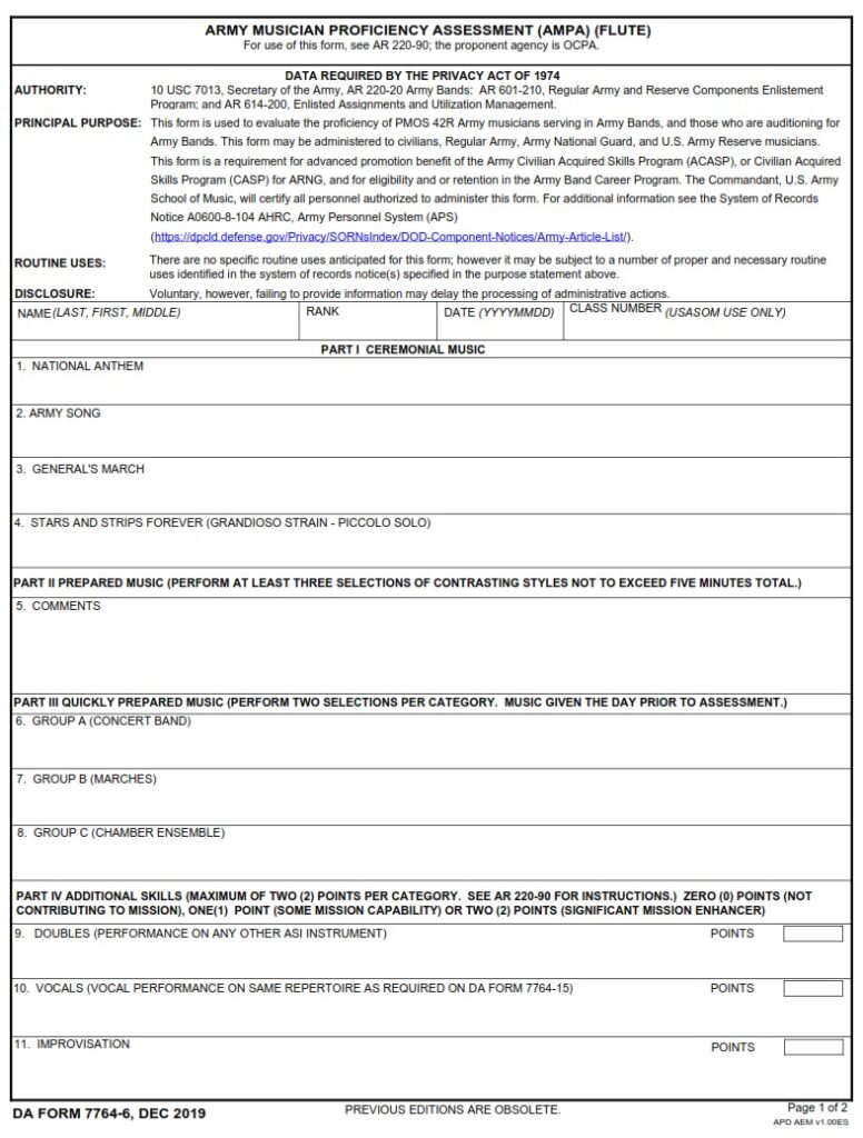 DA Form 7764-6 - Army Musician Proficiency Assessment (AMPA) (Flute ...