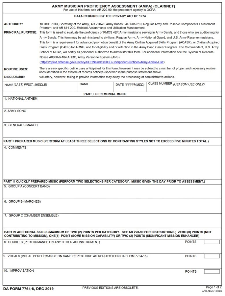 DA Form 7764-8 - Army Musician Proficiency Assessment (AMPA) (Clarinet ...