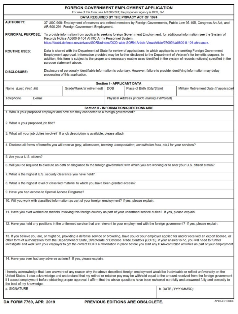 DA Form 7769 - Foreign Government Employment Application | Free Online ...