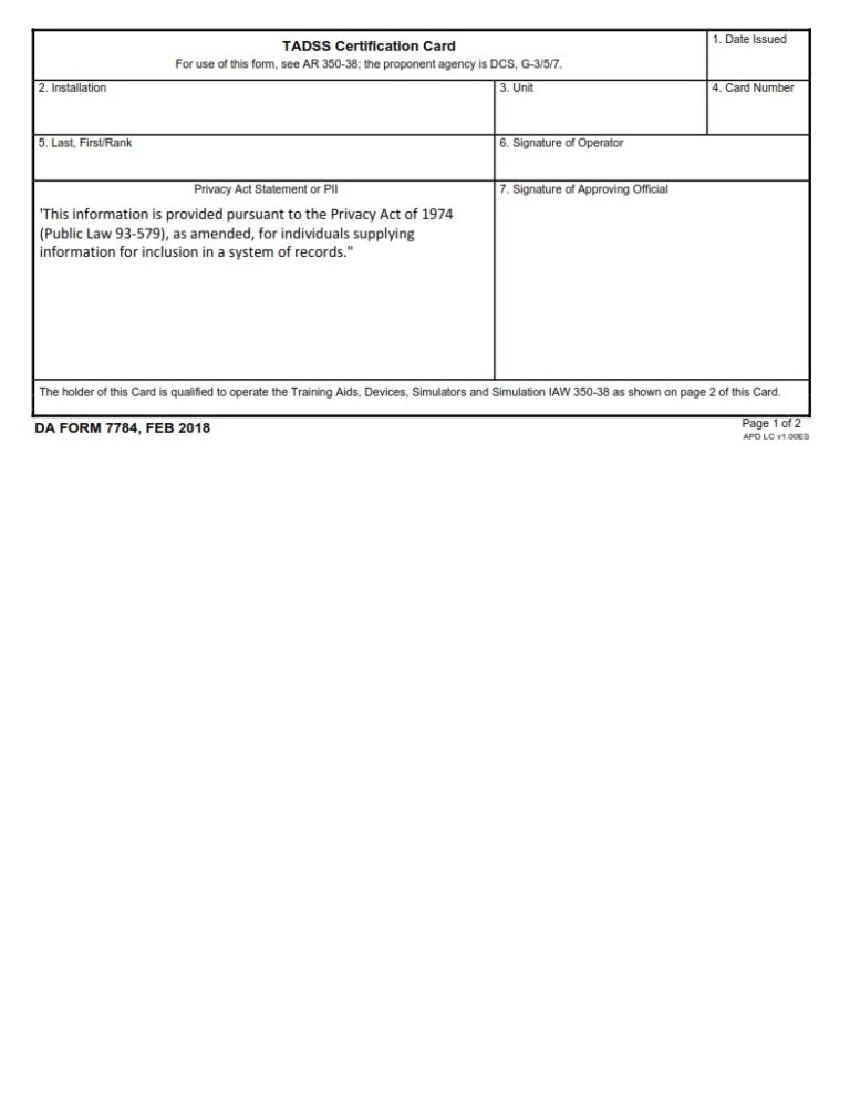 DA Form 7784 - Tadss Certification Card | Free Online Forms