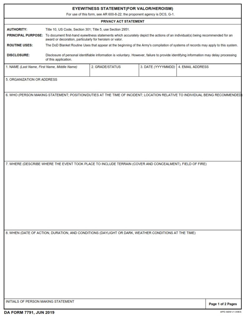 DA Form 7791 - Eyewitness Statement (For Valor/Heroism) | Free Online Forms