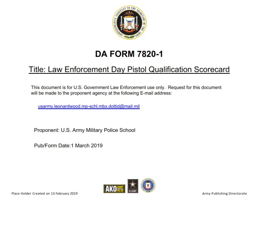 DA Form 7820-1 - Law Enforcement Day Pistol Qualification Scorecard ...