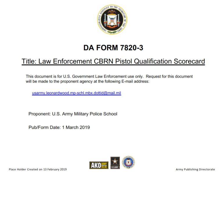 DA Form 7820-3 - Law Enforcement CBRN Pistol Qualification Scorecard ...
