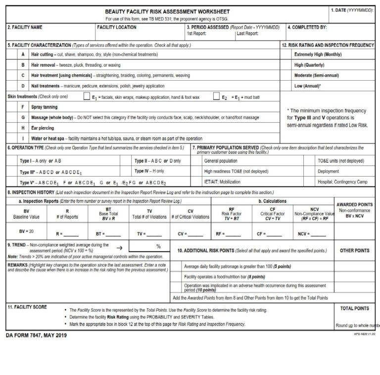 DA Form 7847 - Beauty Facility Risk Assessment Worksheet | Free Online ...
