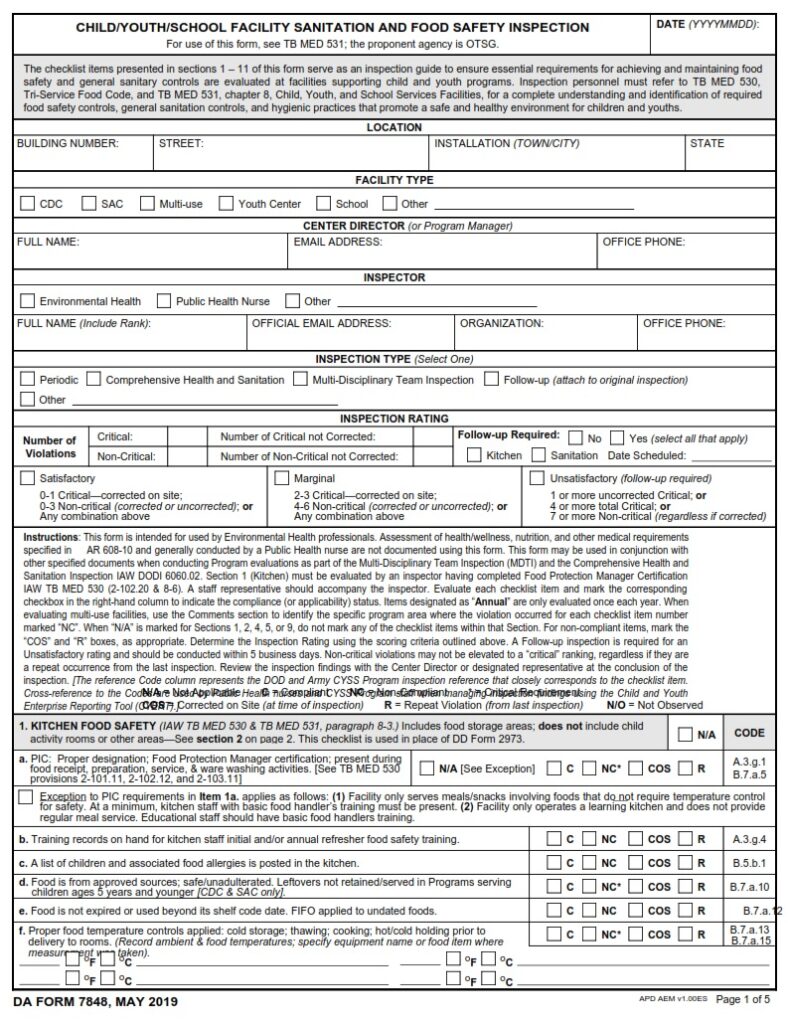 DA Form 7848 - Child/Youth/School Facility Sanitation And Food Safety ...