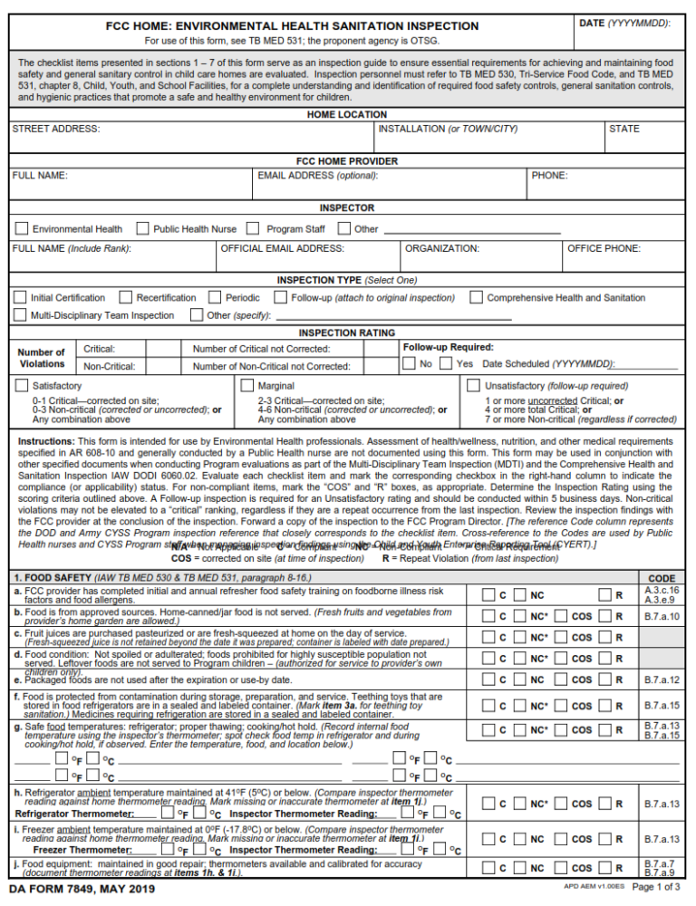 DA Form 7849 - FCC Home: Environmental Health Sanitation Inspection ...
