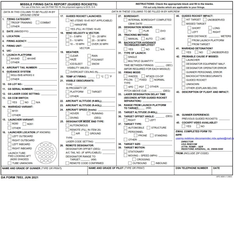 DA Form 7853 - Missile Firing Data Report (Guided Rockets) | Free ...