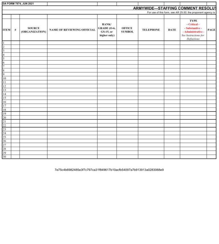DA Form 7874 - Armywide-Staffing Comment Resolution Matrix | Free ... DA Form 7874 - Armywide-Staffing Comment Resolution Matrix | Free ...