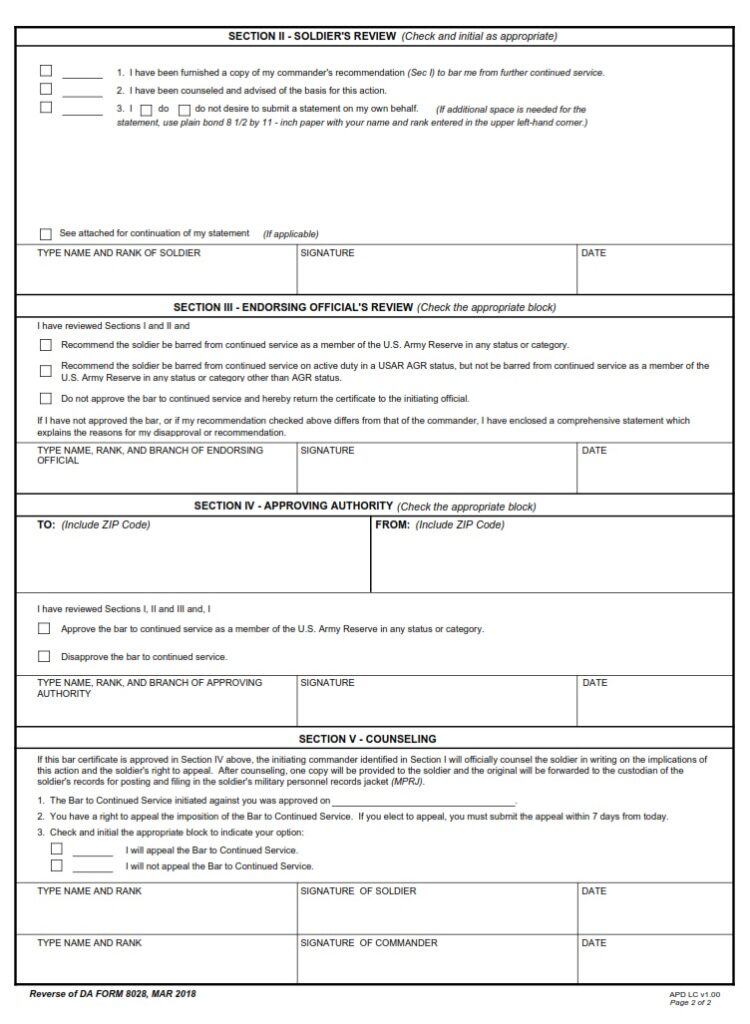 DA Form 8028 - U.S. Army Reserve Bar To Continued Services Certificate ...