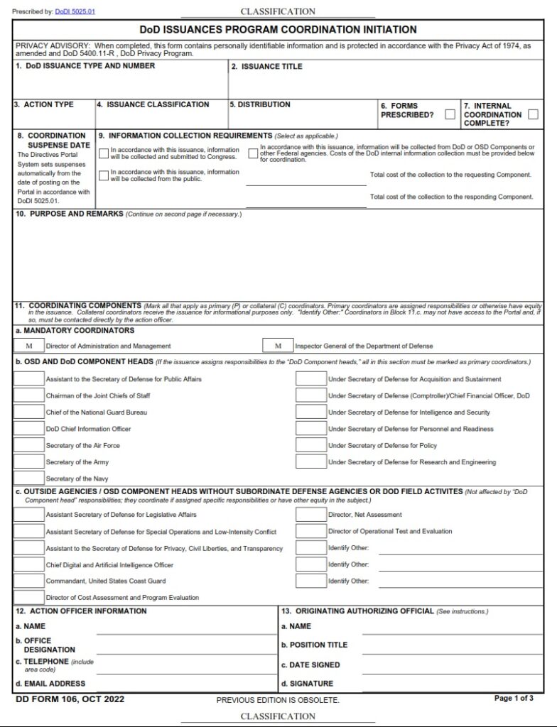 DD Form 106 - DoD Issuances Program Coordination Initiation (Sample ...