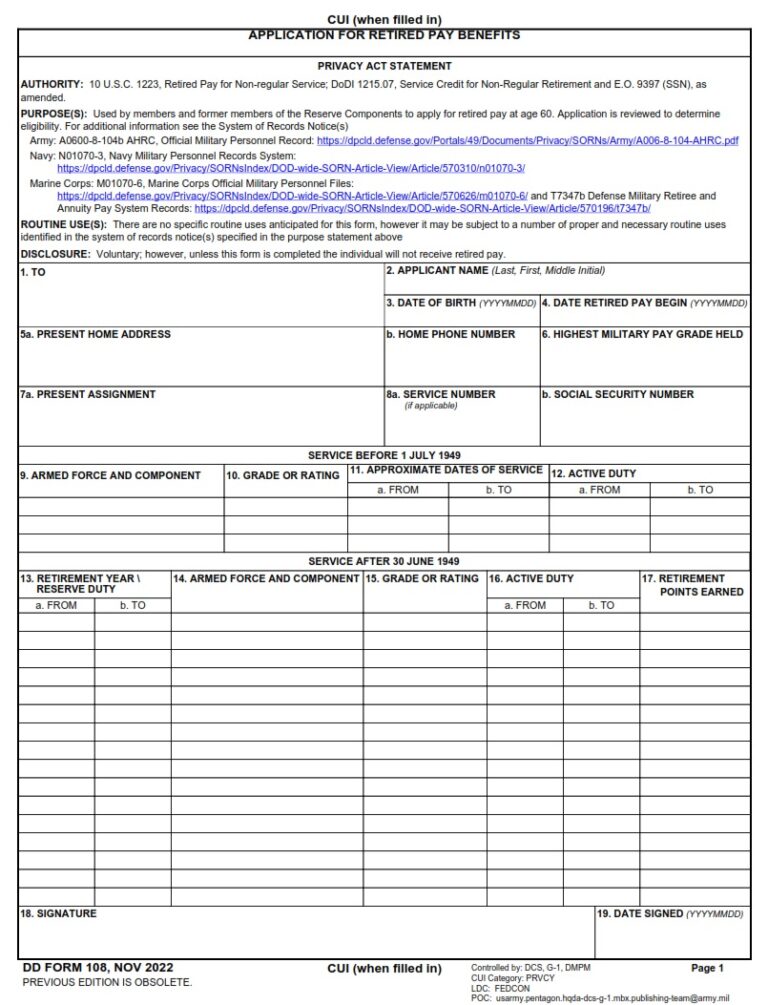 DD Form 108 - Application For Retired Pay Benefits | Free Online Forms