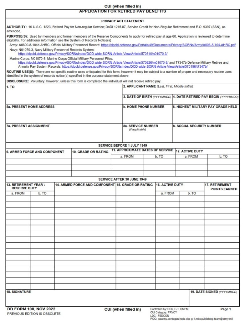 DD Form 108 - Application For Retired Pay Benefits | Free Online Forms