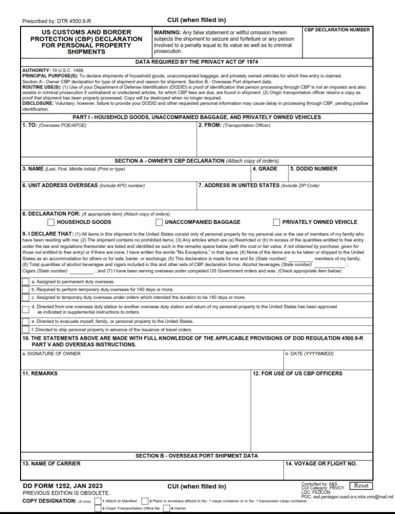 DD Form 1252 - U.S. Customs And Border Protection (CBP) Declaration For ...