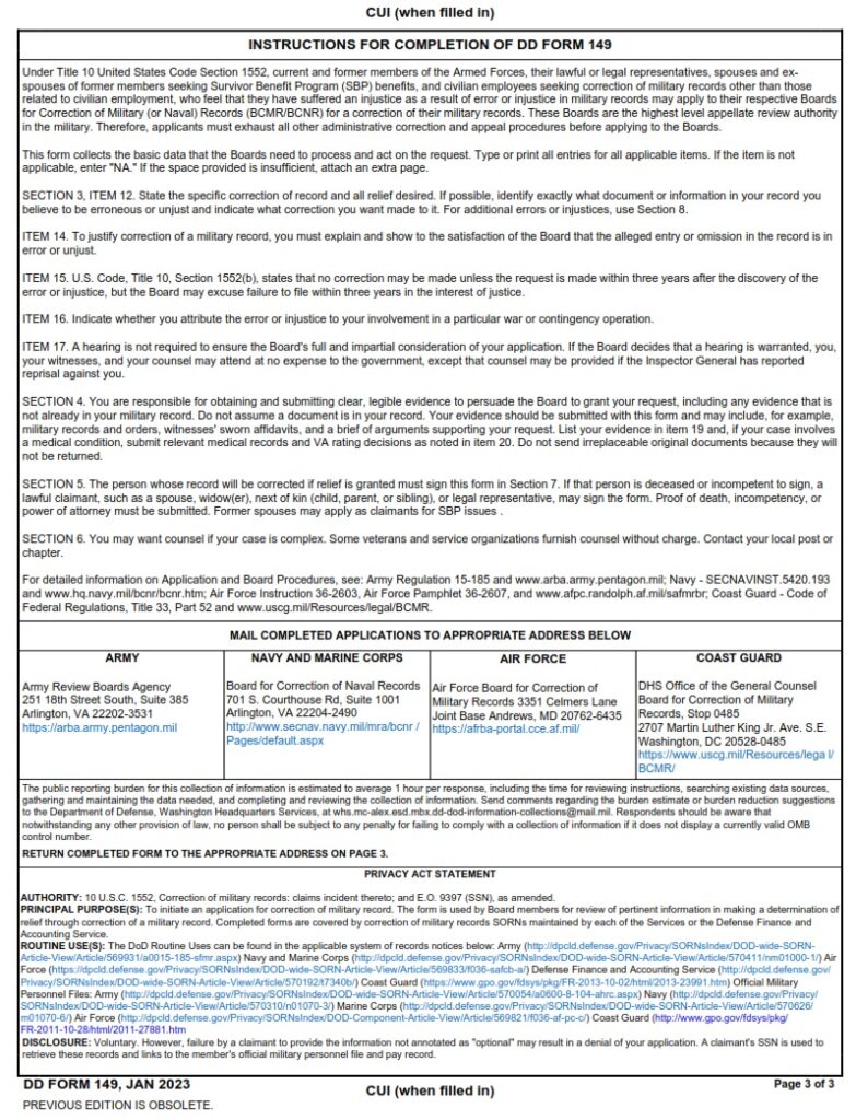 DD Form 149 - Application For Correction Of Military Record Under The ...