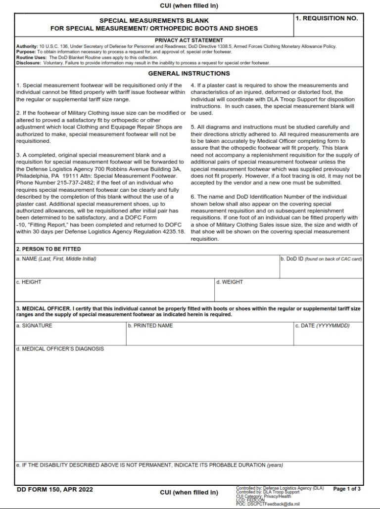 DD Form 150 - Special Measurements Blank For Special Measurement ...