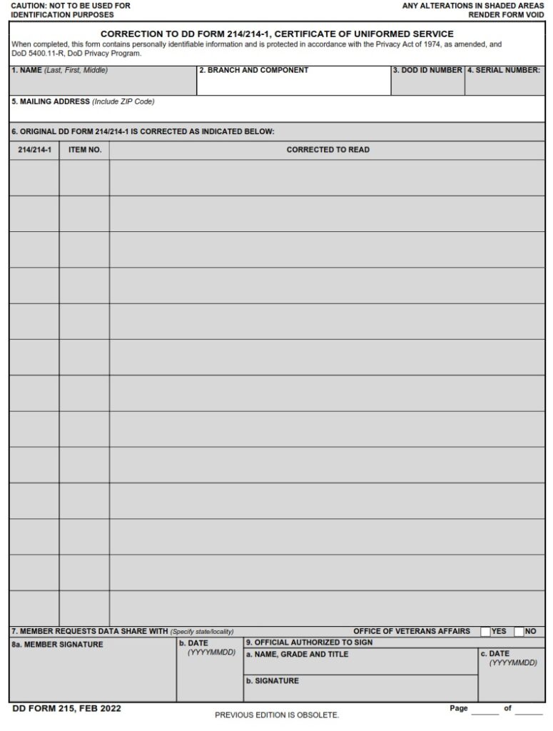 DD Form 215 - Correction To DD Form 214/214-1, Certificate Of Uniformed ...