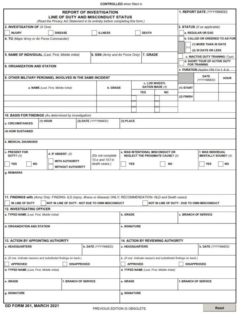 DD Form 261 - Investigation, Report Of Investigation - Line Of Duty And ...