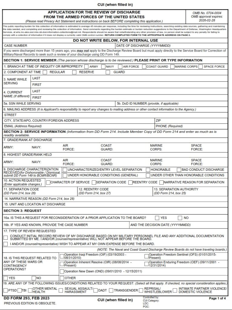 DD Form 293 - Application For The Review Of Discharge From The Armed ...
