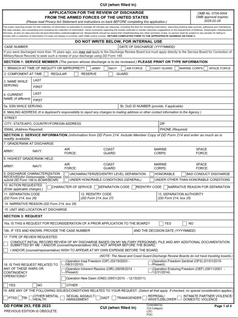 DD Form 293 - Application For The Review Of Discharge From The Armed ...