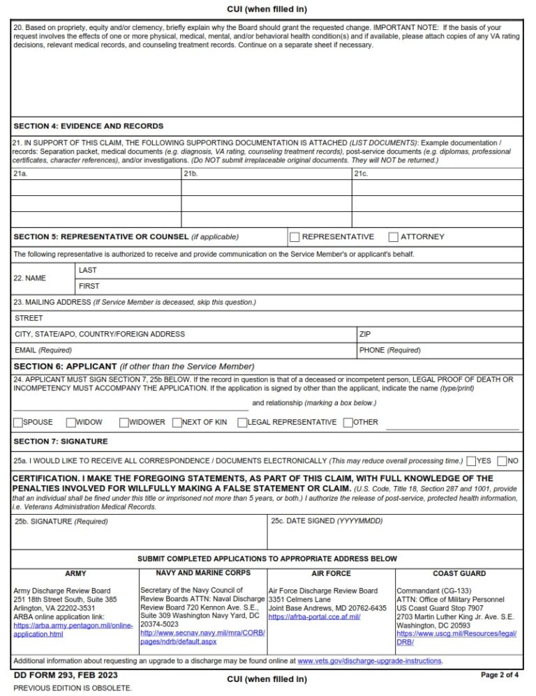 DD Form 293 - Application For The Review Of Discharge From The Armed ...