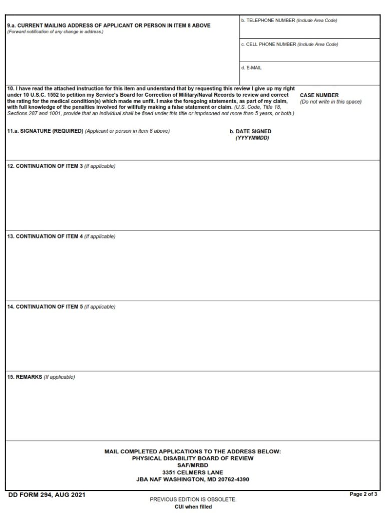 DD Form 294 - Application For A Review By The Physical Disability Board ...