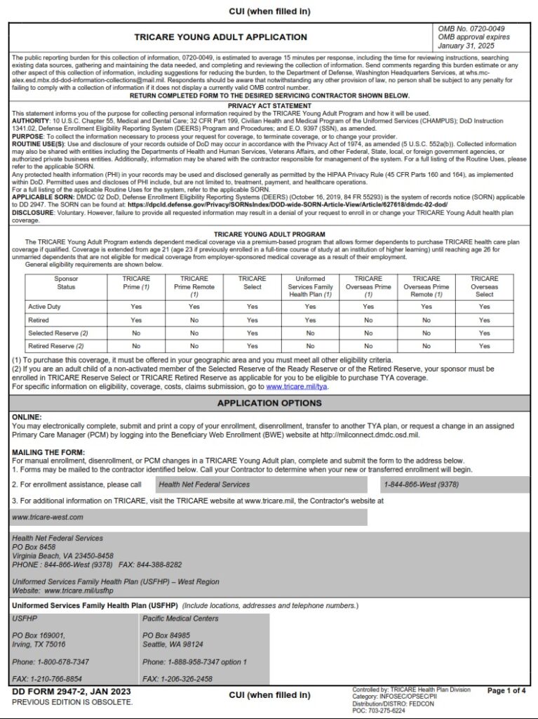 DD Form 2947-2 - TRICARE Young Adult Application (WEST) | Free Online Forms