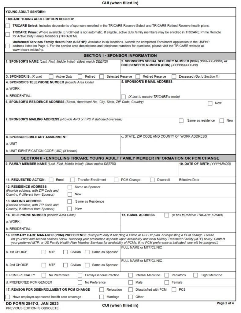DD Form 2947-2 - TRICARE Young Adult Application (WEST) | Free Online Forms