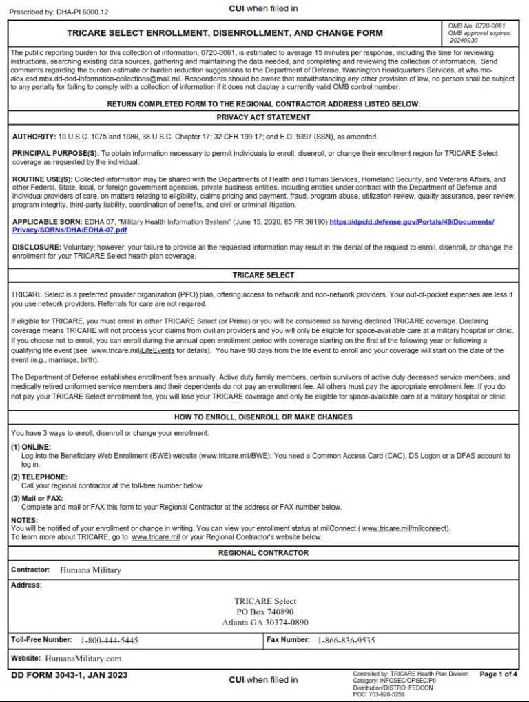 DD Form 3043-1 - TRICARE Select Enrollment, Disenrollment, And Change ...