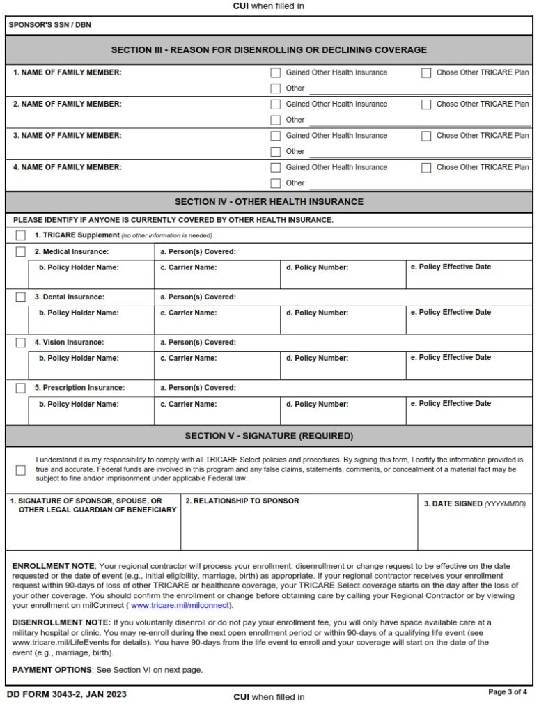 DD Form 3043-2 - TRICARE Select Enrollment, Disenrollment, And Change ...