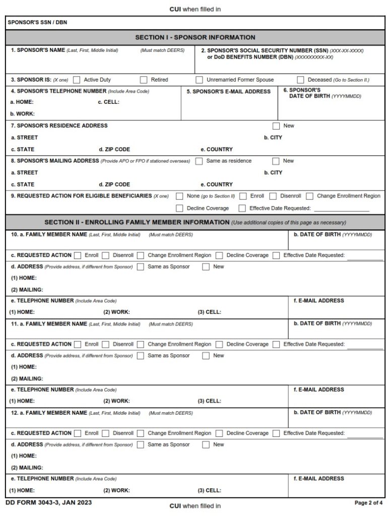 DD Form 3043-3 - TRICARE Select Enrollment, Disenrollment, And Change ...