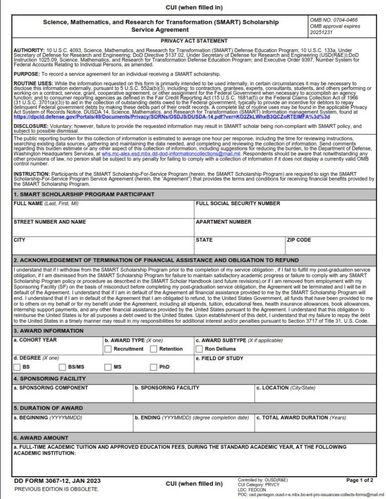 DD Form 3067-12 - SMART Scholarship Service Agreement | Free Online Forms