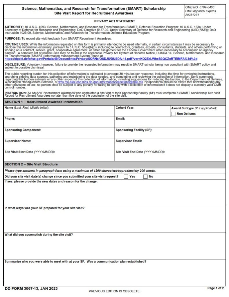 DD Form 3067-13 - SMART Scholarship Site Visit Report For Recruitment ...