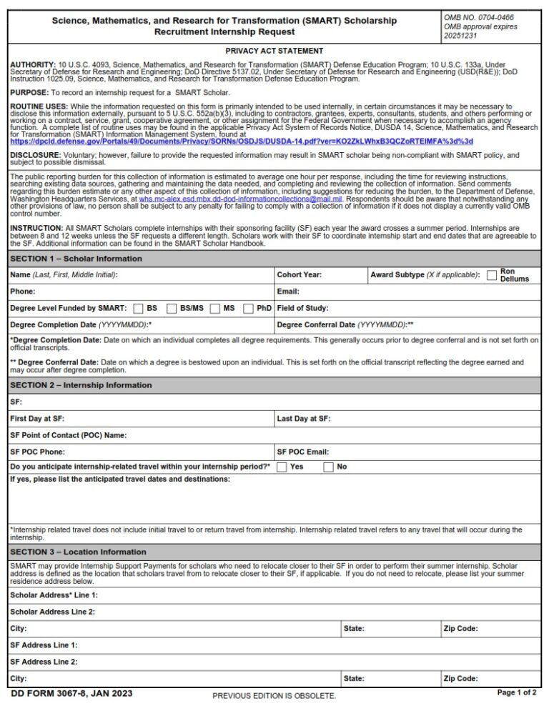 DD Form 3067-8 - SMART Scholarship Recruitment Internship Request ...