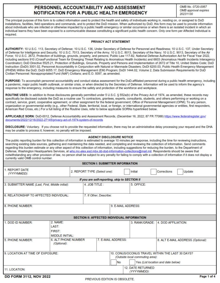 DD Form 3112 - Personnel Accountability And Assessment Notification For ...